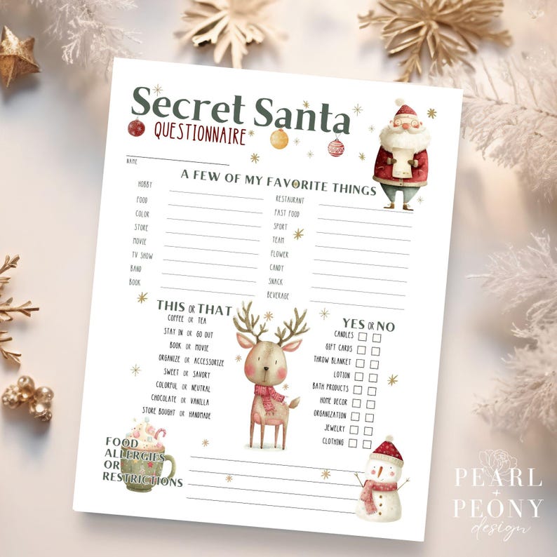 PRINTABLE Secret Santa Questionnaire for Co-workers, Santa Theme Work ...