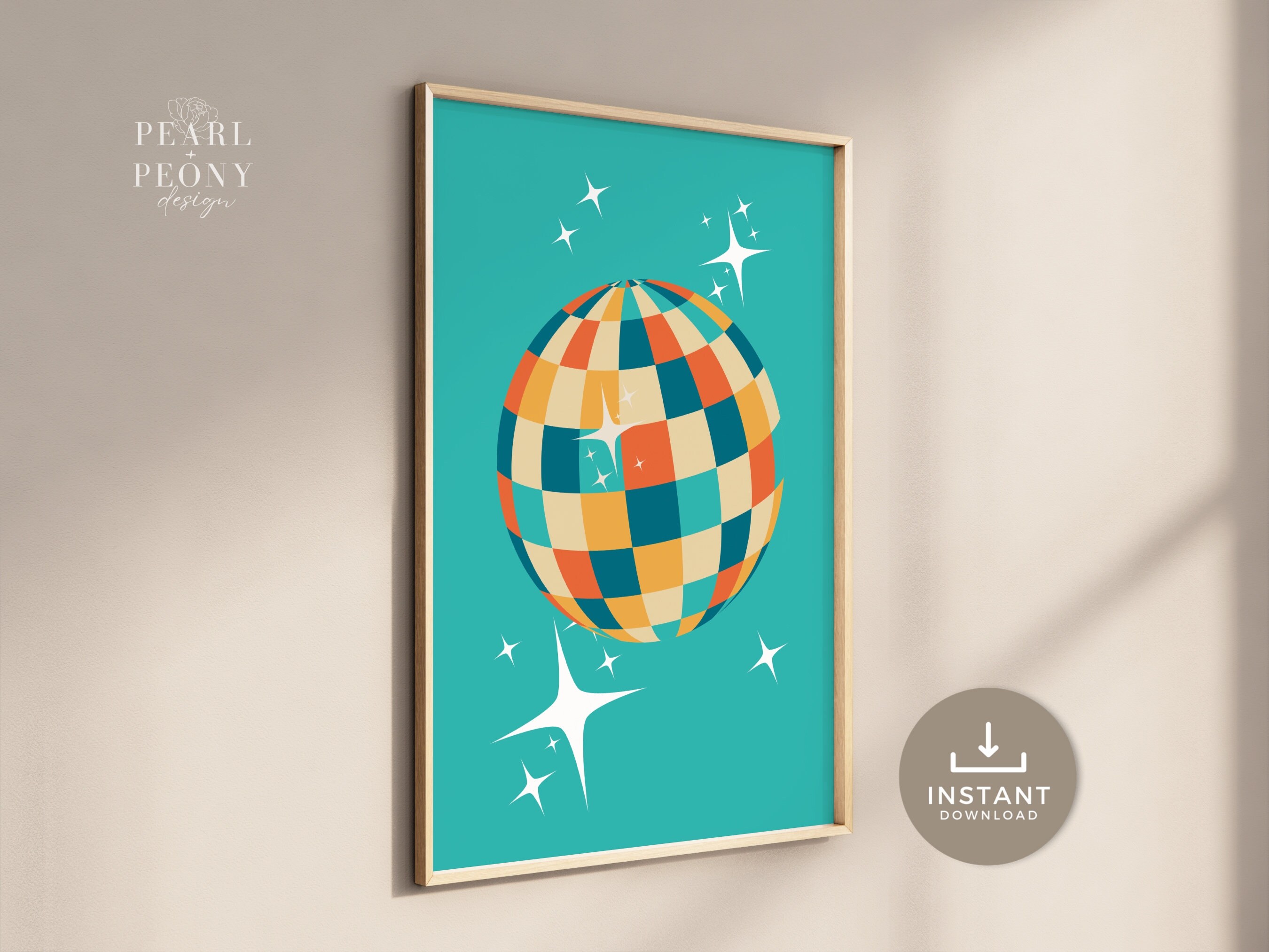 PRINTABLE Teal Preppy Retro Disco Ball Wall Art, Maximalist Wall Decor ...