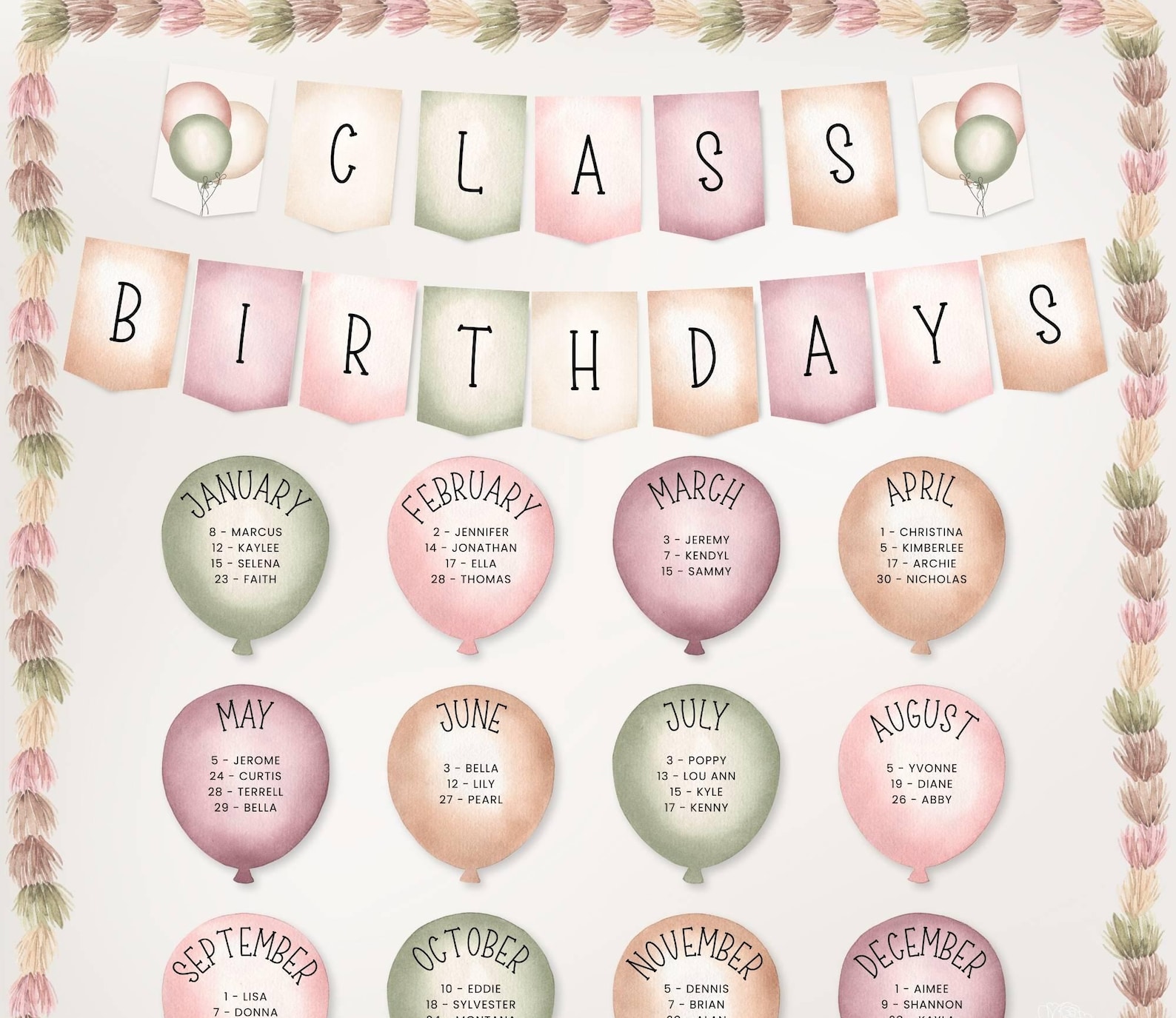 PRINTABLE Classroom Birthday Bulletin Board Display, Watercolor Boho ...