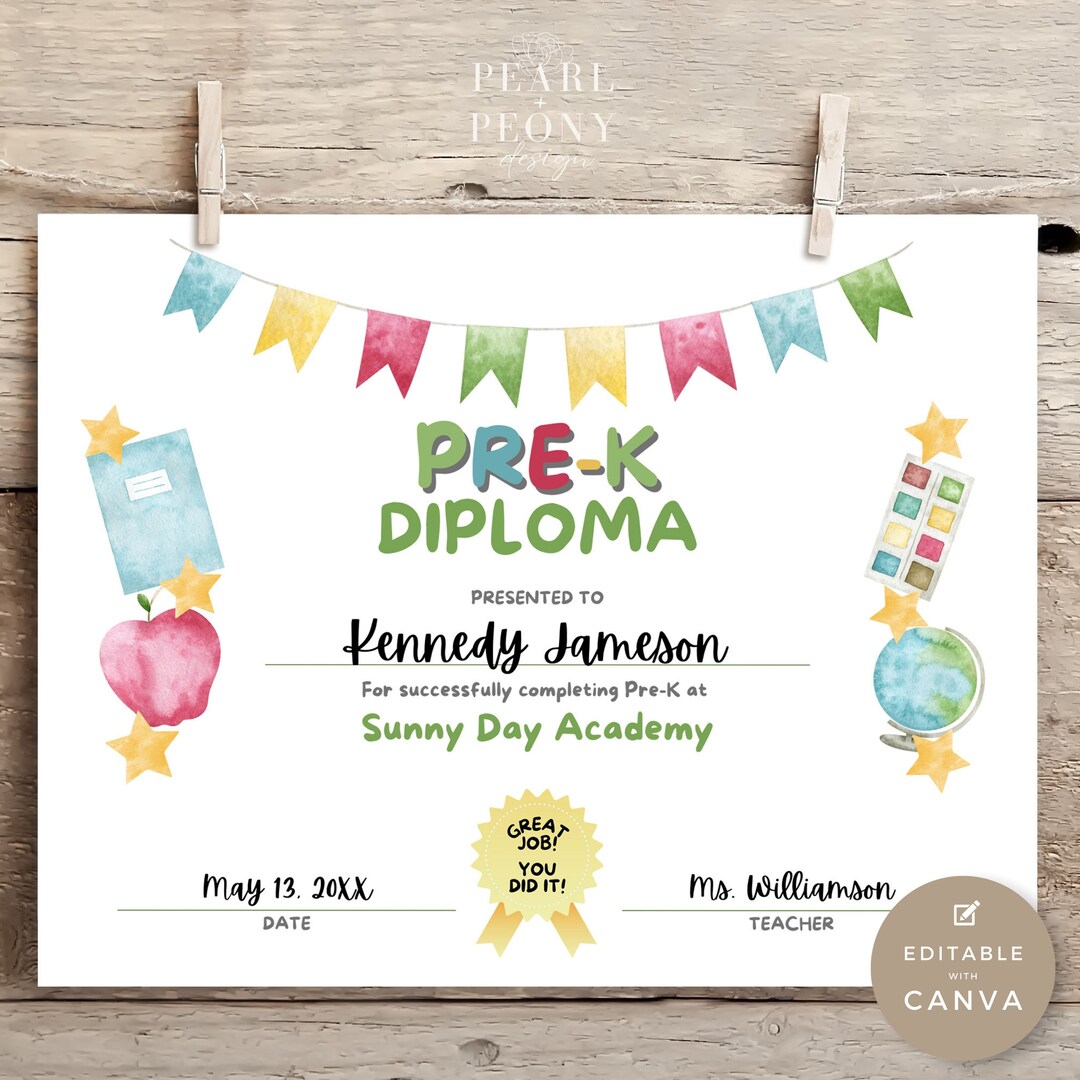 EDITABLE Pre-k Graduation Diploma Template, Printable Custom Pre-k ...