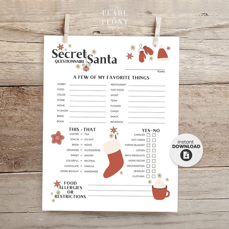 PRINTABLE Secret Santa Questionnaire for Co-workers, Work Gift Exchange ...