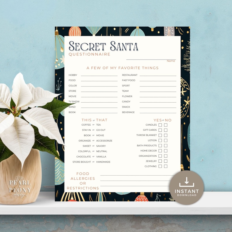 PRINTABLE Secret Santa Questionnaire for Co-workers, Work Gift Exchange ...