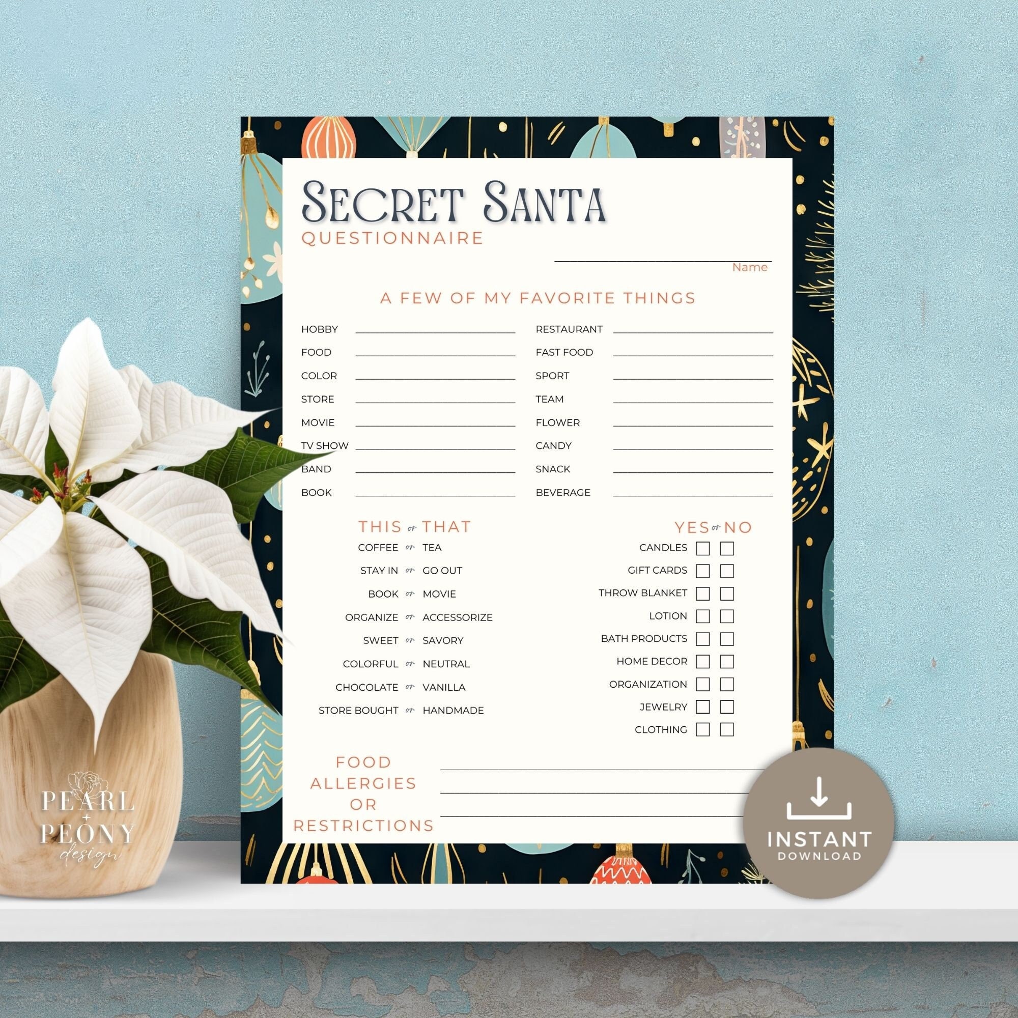 PRINTABLE Secret Santa Questionnaire for Co-workers Work Gift - Etsy