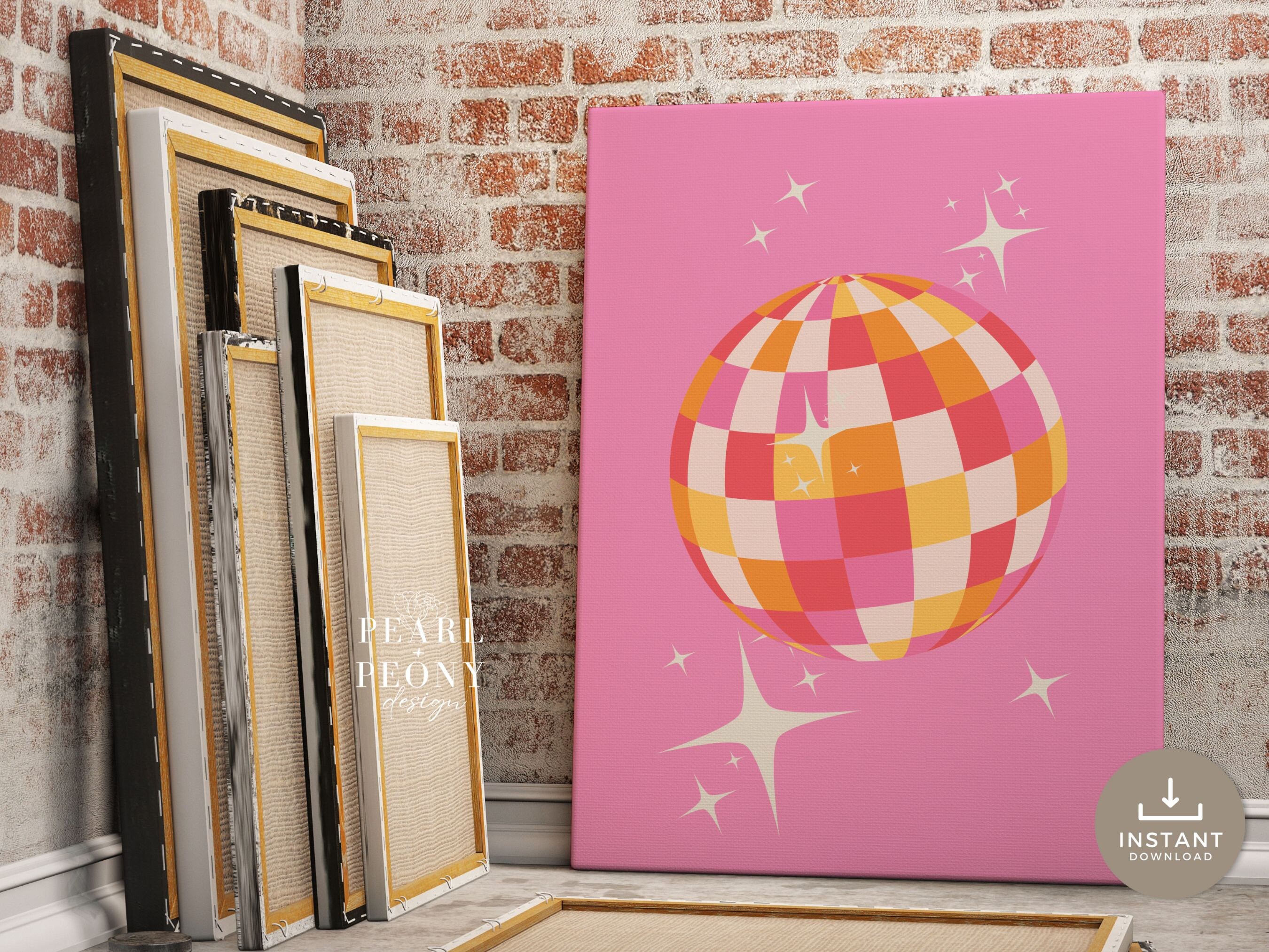 PRINTABLE Pink Preppy Retro Disco Ball Wall Art, Maximalist Wall Decor ...