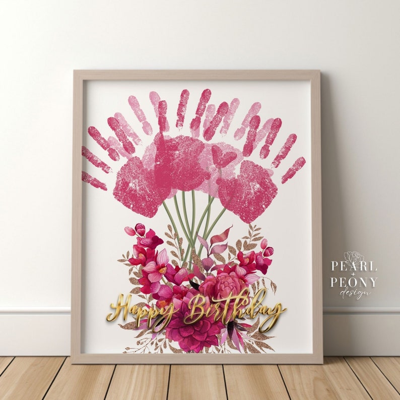 PRINTABLE Happy Birthday Handprint Art Craft, Pink Flower Handprint ...