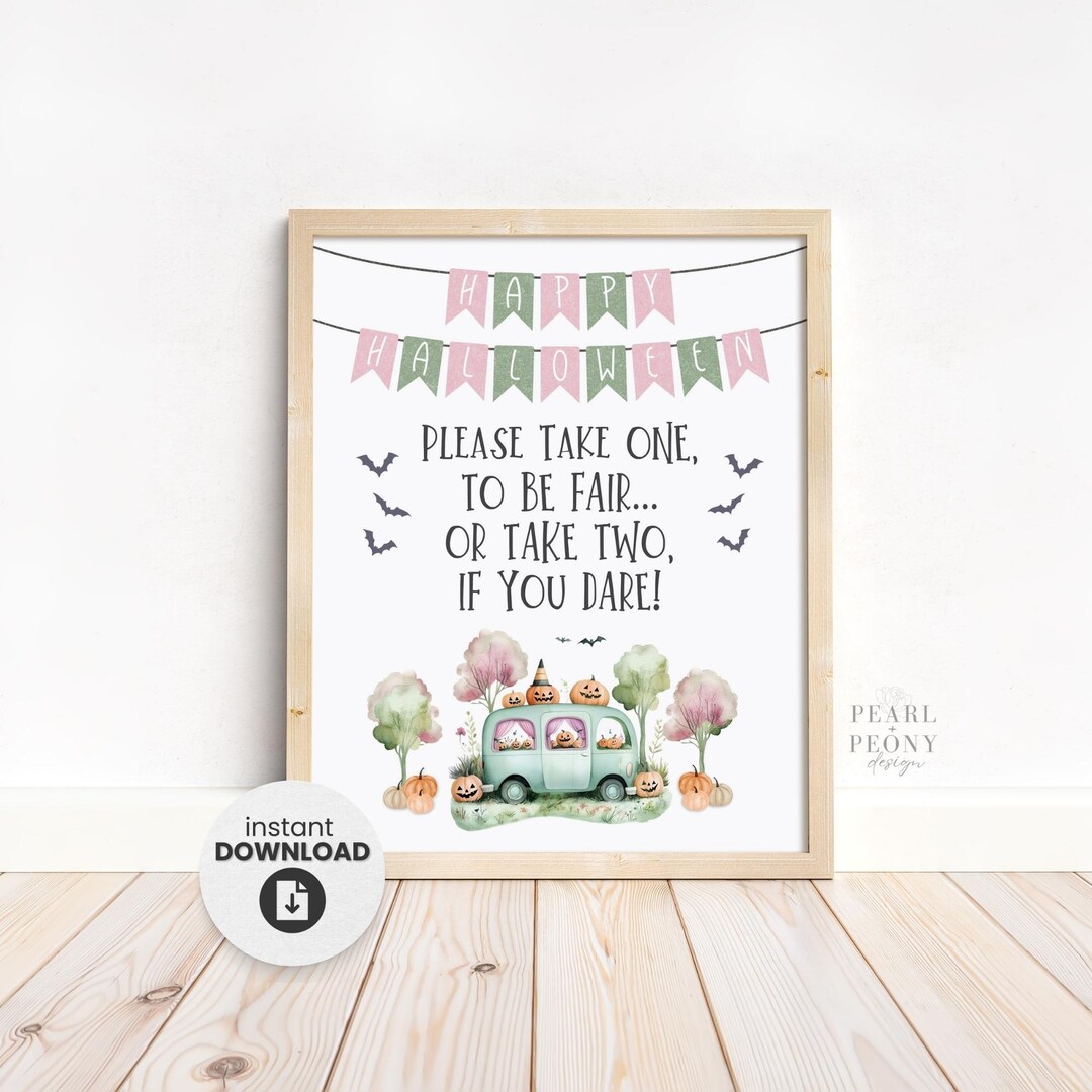PRINTABLE Cute Green & Pink Halloween Candy Bowl Sign, Please Take One ...