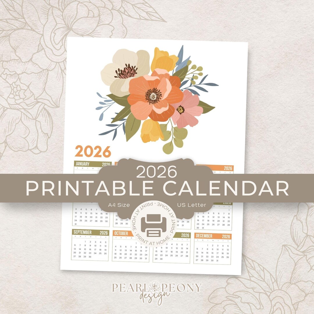 PRINTABLE 2026 Boho Floral Calendar for Home Office, Hand Drawn ...
