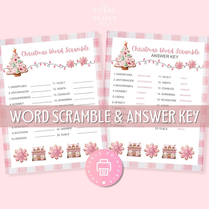 PRINTABLE Pink Christmas Party Games Bundle for Kids, Word Scramble ...