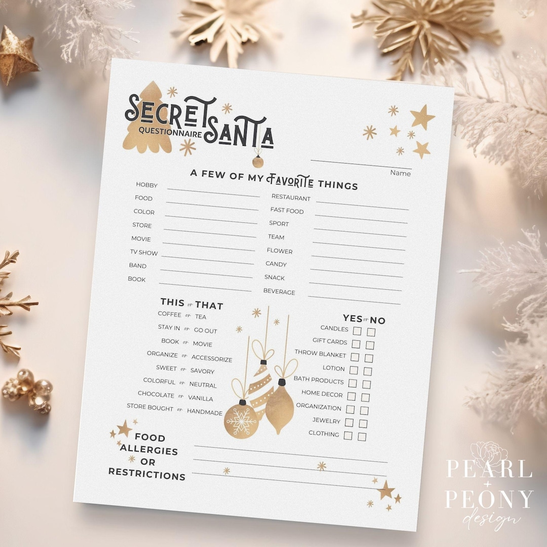 PRINTABLE Secret Santa Questionnaire for Co-workers, Work Gift Exchange ...