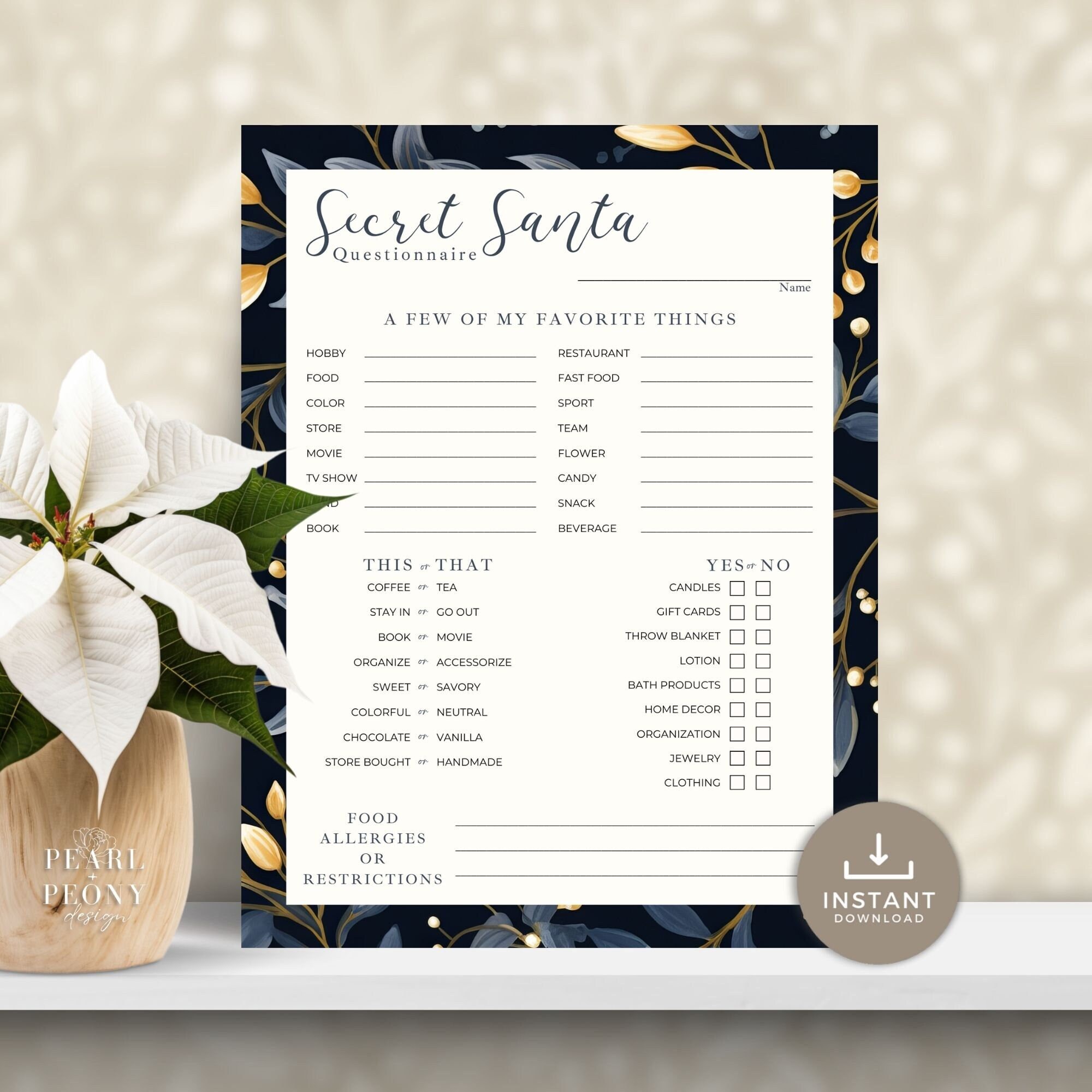 PRINTABLE Secret Santa Questionnaire for Co-workers, Work Gift Exchange ...