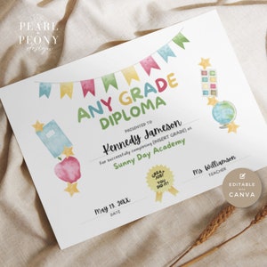 EDITABLE Graduation Diploma Template for Any Grade, Printable Custom ...