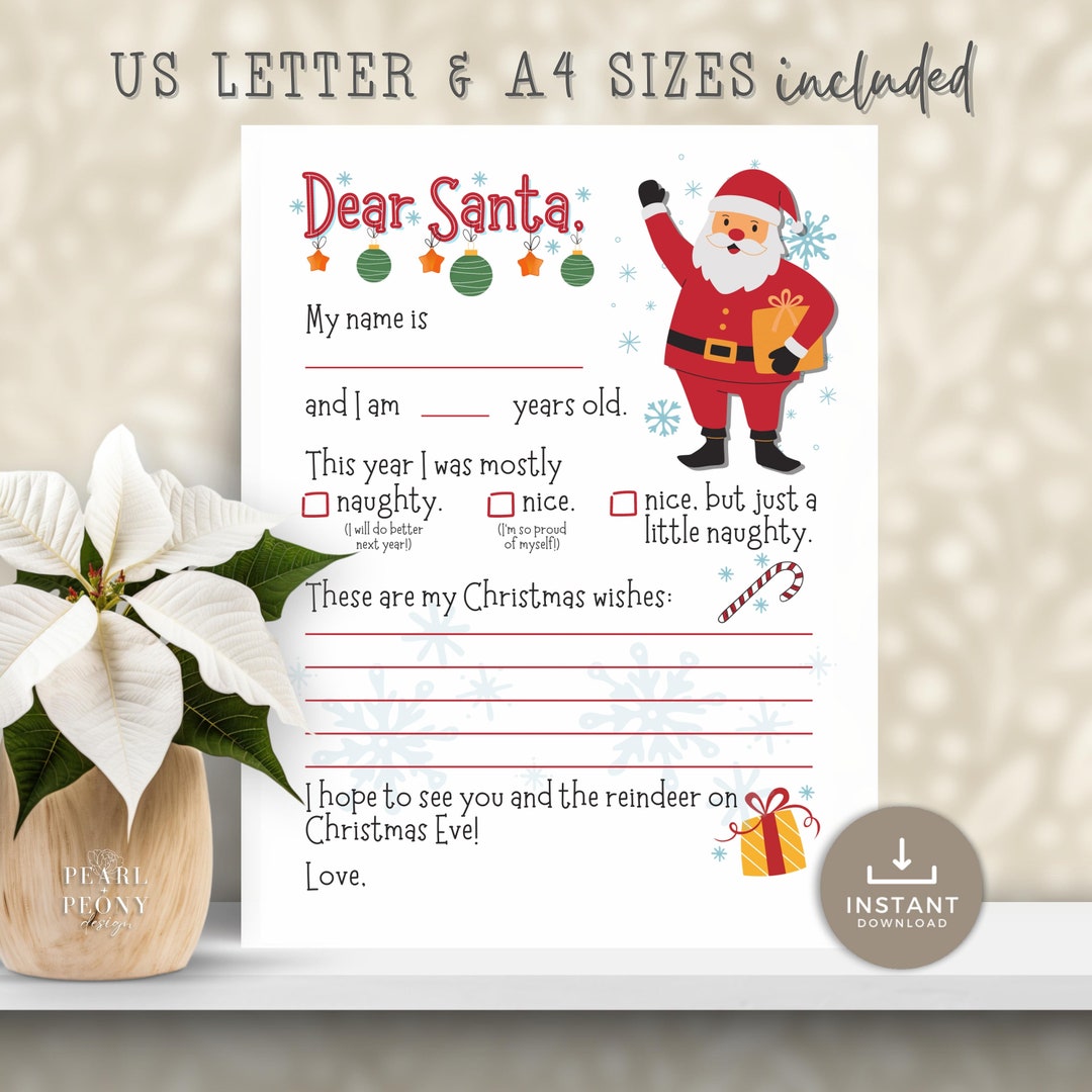 PRINTABLE Letter to Santa, Kids Christmas Wish List, Holiday Gift List ...