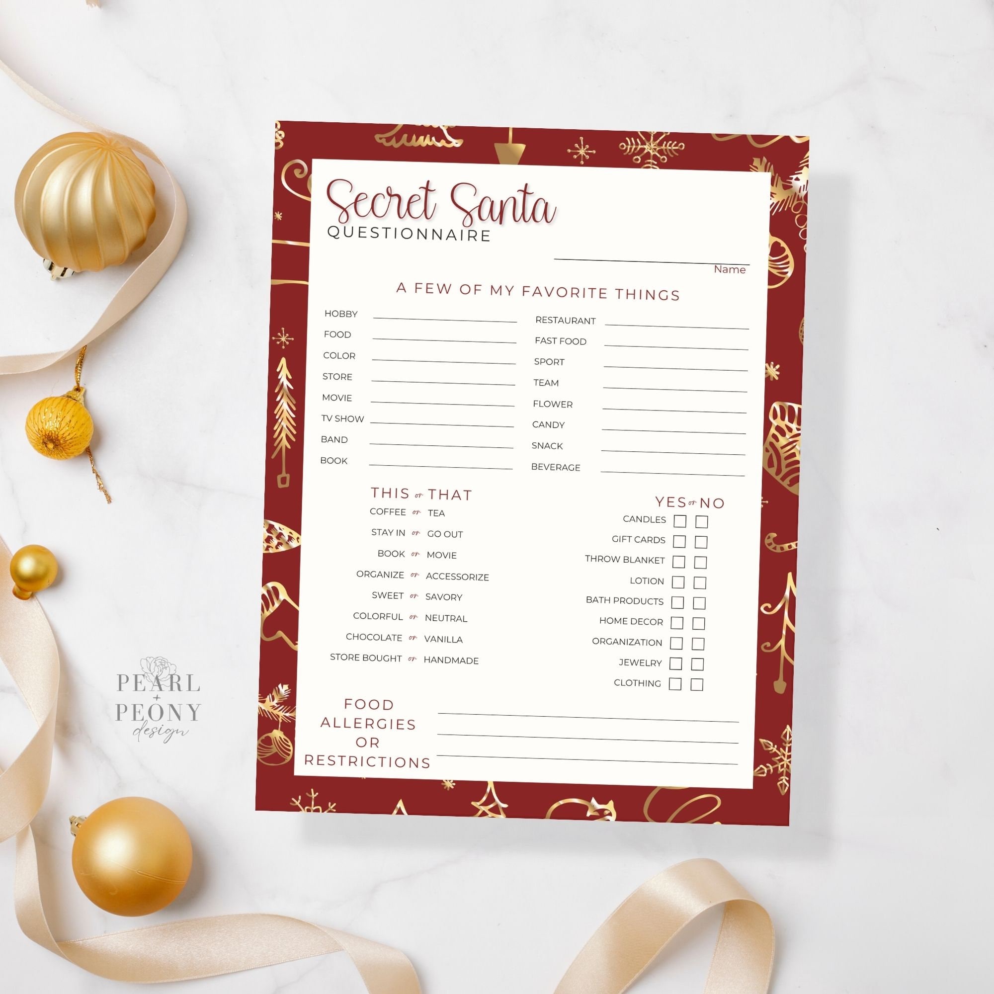 PRINTABLE Secret Santa Questionnaire for Co-workers Work Gift - Etsy