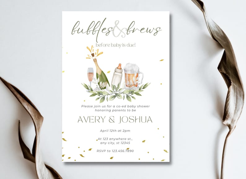 BUBBLES & BREWS Baby Shower Invitation, Co-ed Baby Shower, Bubbles and ...
