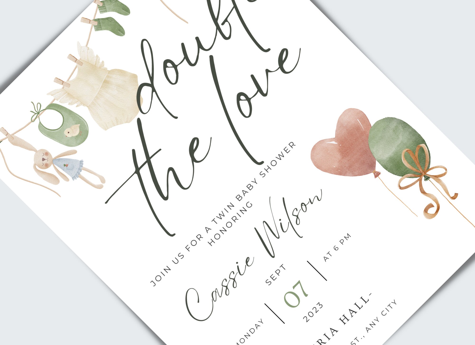 DOUBLE THE LOVE Twin Baby Shower Invite, Twins Shower Invitation ...