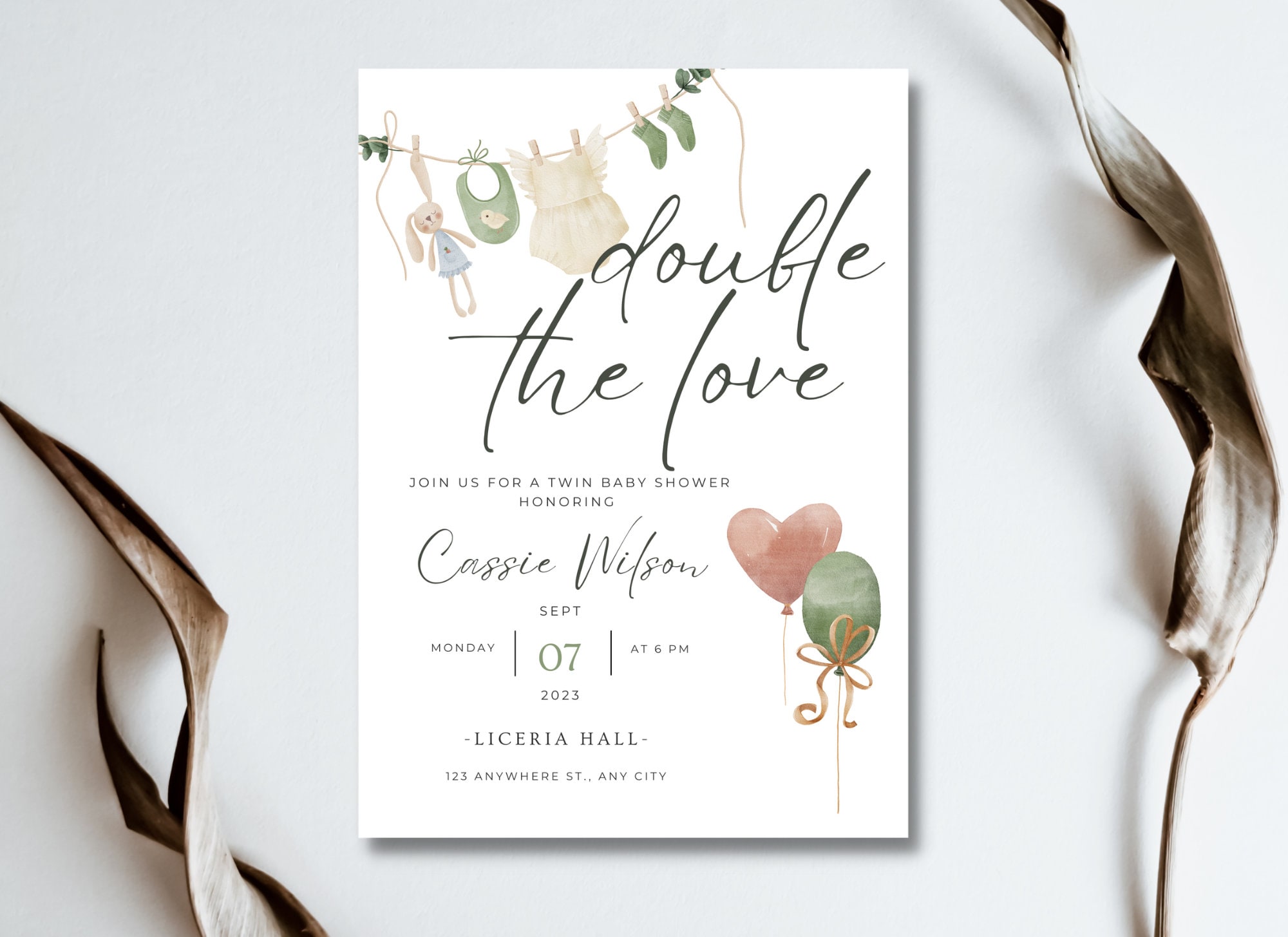 DOUBLE THE LOVE Twin Baby Shower Invite, Twins Shower Invitation ...