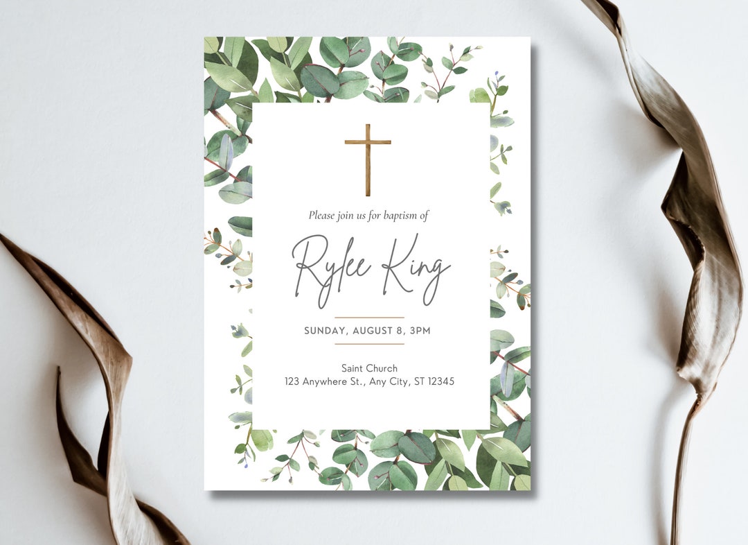 BAPTISM Invitation, Cross Baptism Invite, Eucalyptus Baptism, First ...