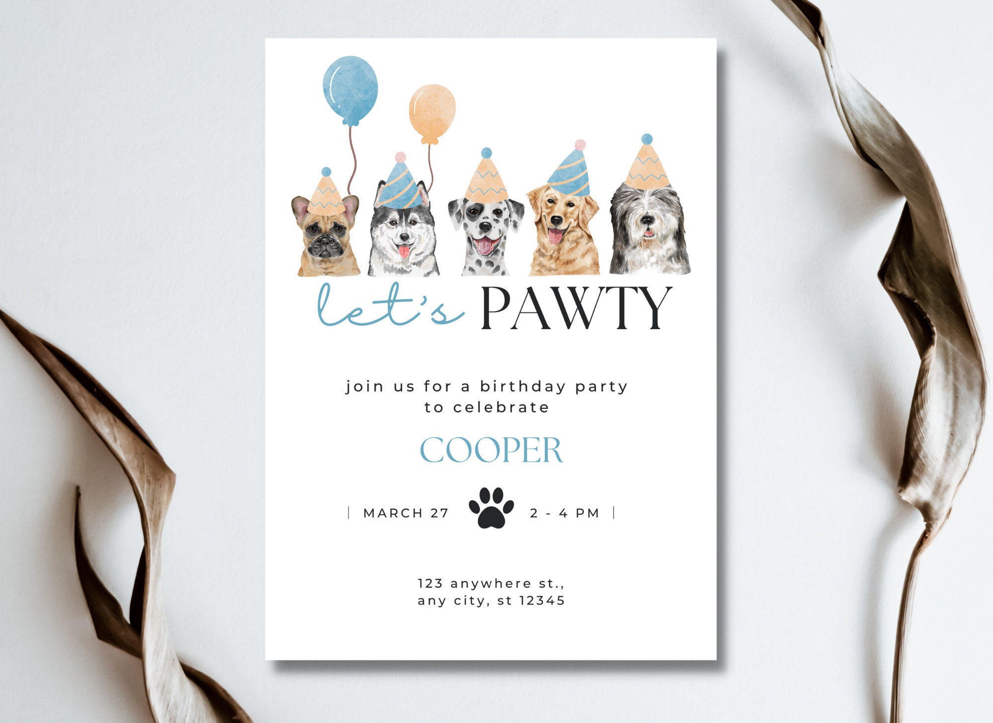 LETS PAWTY Invitation, Dog Birthday Invite, Pet Birthday Party, Dog ...