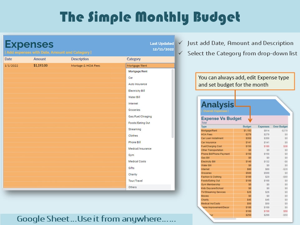Monthly Budget & Expense Template Google Sheet, Simple and Minimalist ...