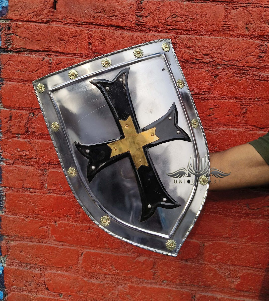 Medieval Knight Crusader Shield: Hand Forged Steel & Leather - Larp ...