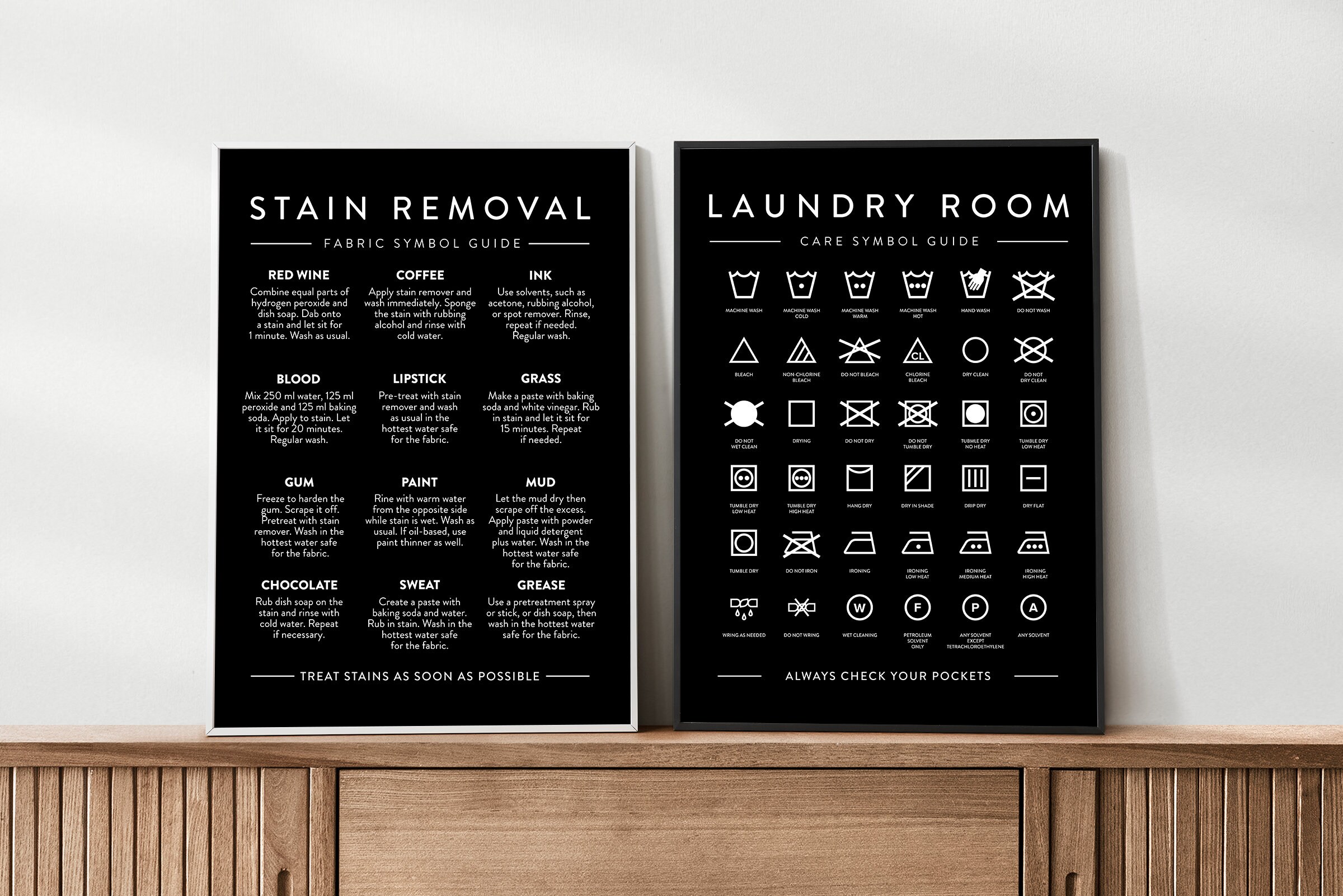 Black Laundry Room Printable Set of 2 Stain Removal Guide Label Care ...