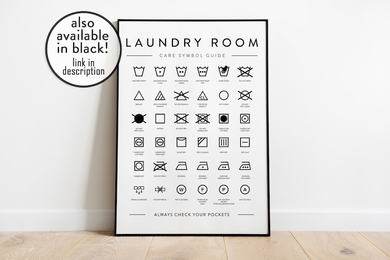 Laundry Care Symbols Print Label Care Guide Laundry Room Decor Washing ...