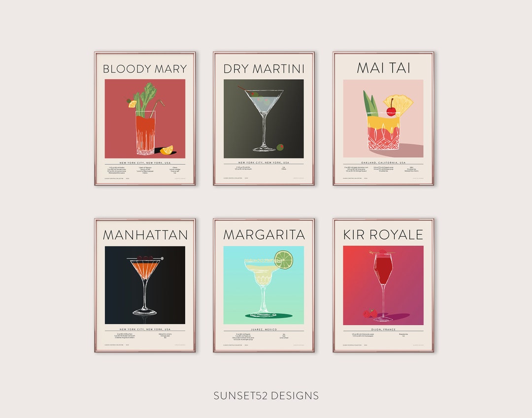 Set of 6 Cocktail Retro Posters | Digital Download | Bloody Mary | Dry ...