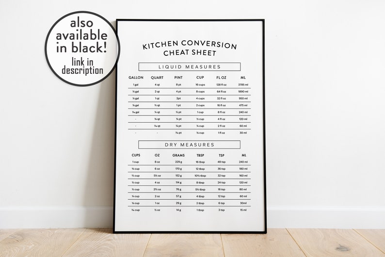 Kitchen Conversion Chart Printable Art Measurement Chart Kitchen Guide ...