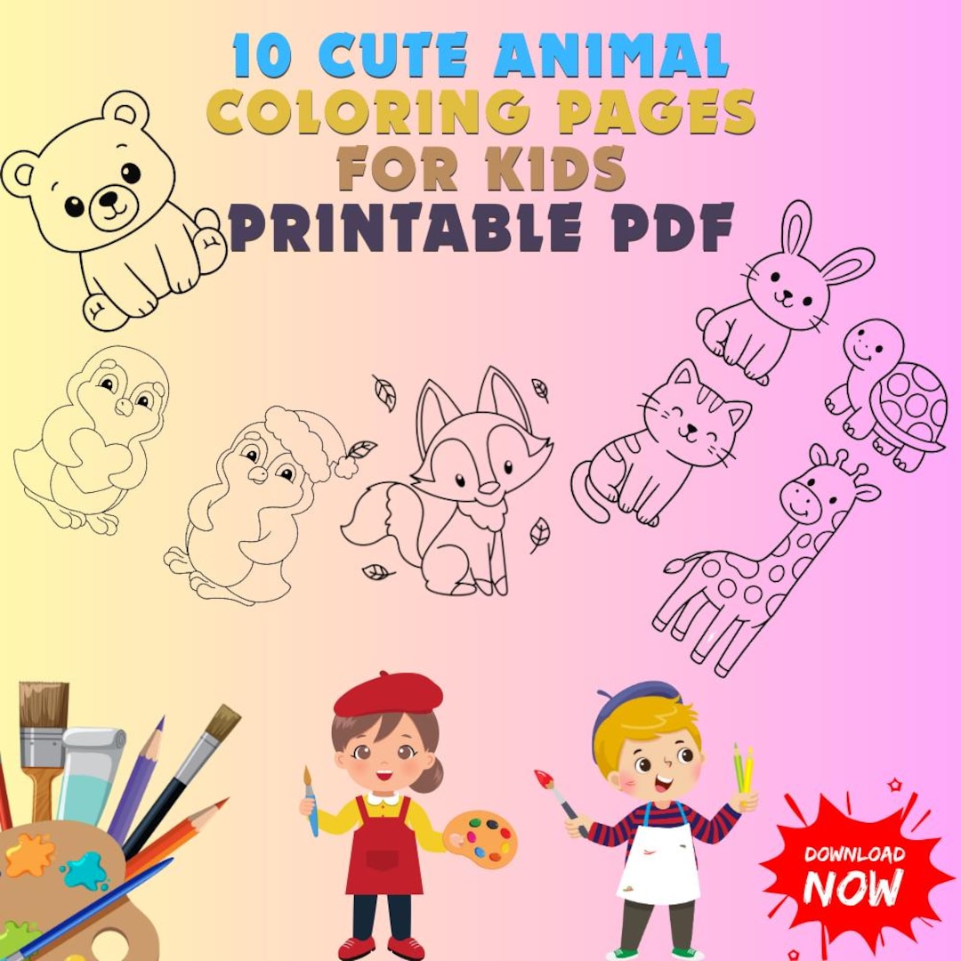 10 Cute Animal Coloring Pages for Kids - Printable PDF Activity Set ...