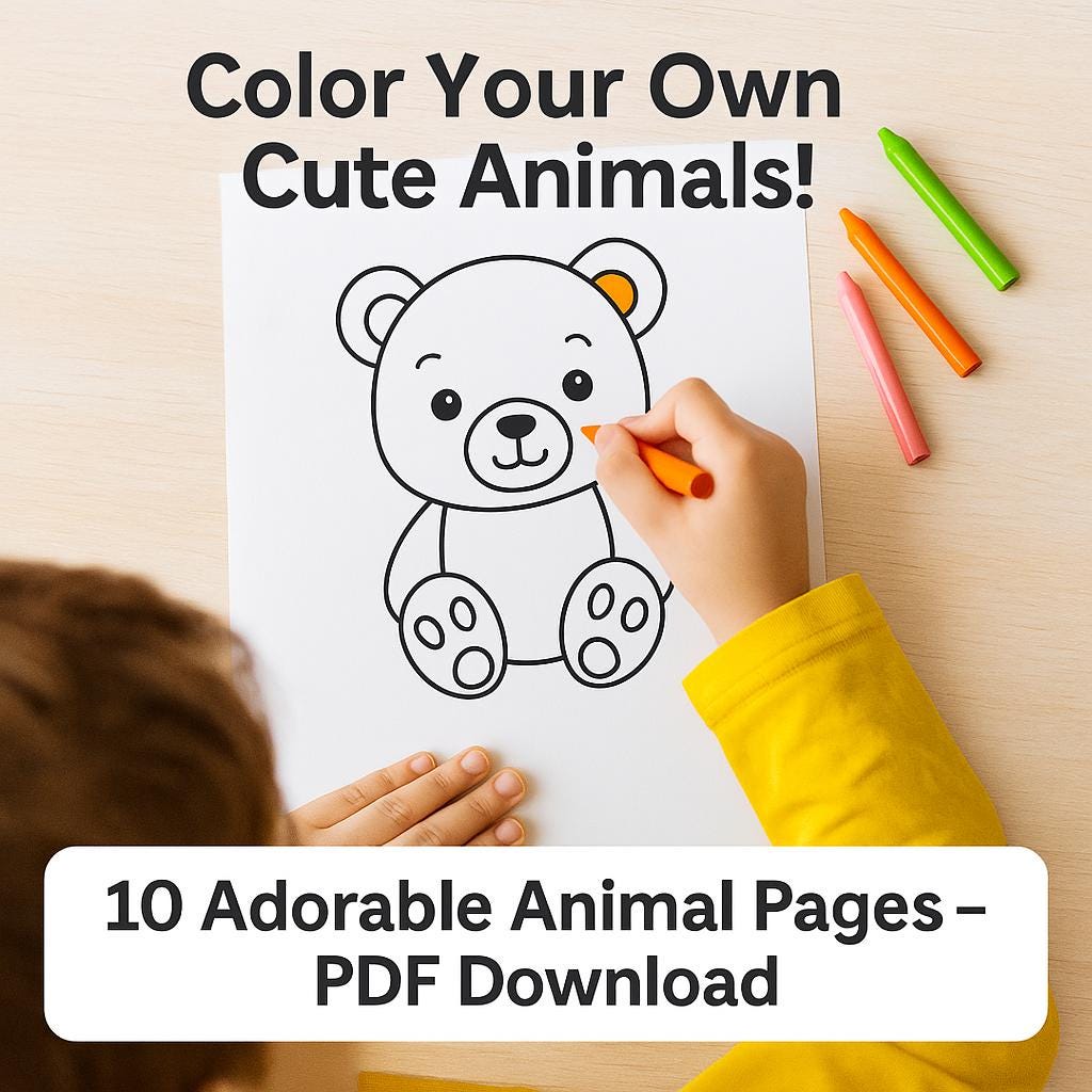 10 Cute Animal Coloring Pages for Kids - Printable PDF Activity Set ...
