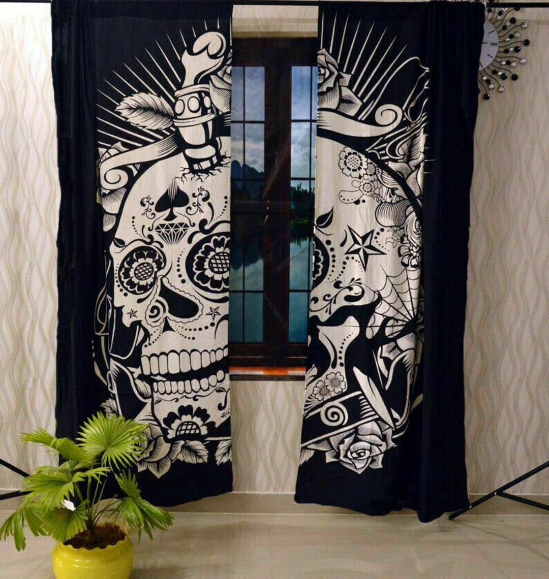 Indian Human Skull Curtain Drape Window Decor Cotton Mandala Tapestry ...