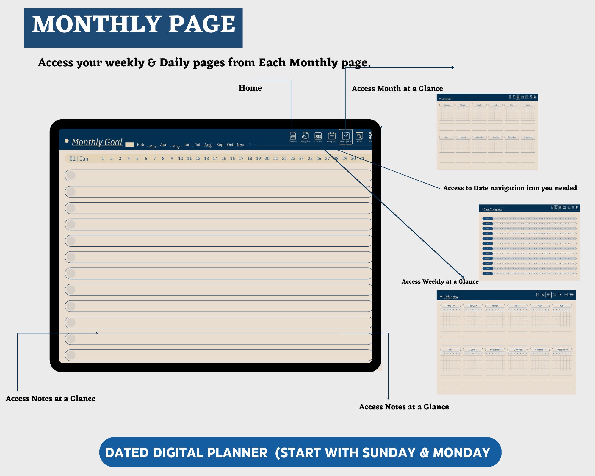 2023 Dated Yearly Hyperlinked Digital Planner, iPad Digital Planner ...