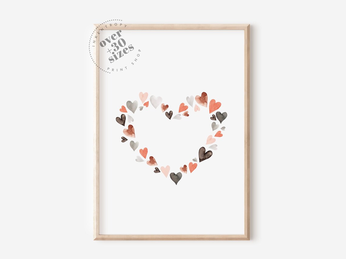 Heart Print Valentines Day Printable Art Pink Heart Watercolour ...