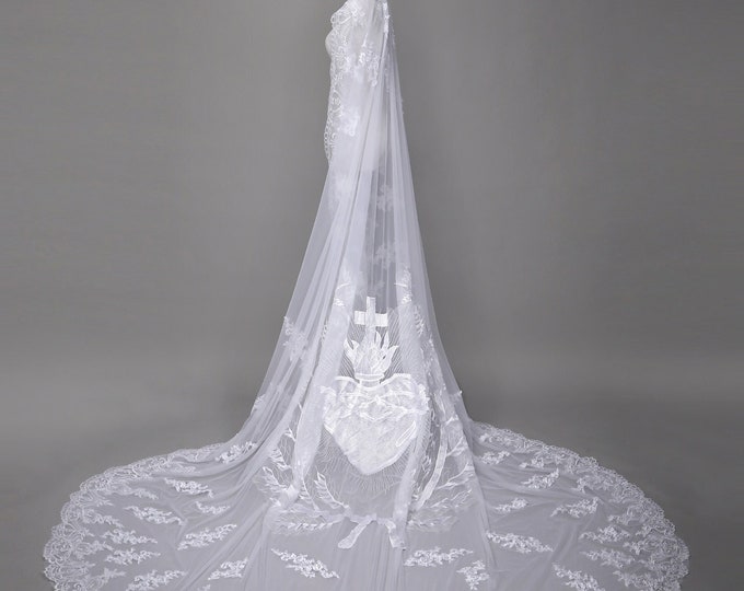 White Wedding Bridal Veil, Single Layer Cathedral Veil, Sacred Heart ...