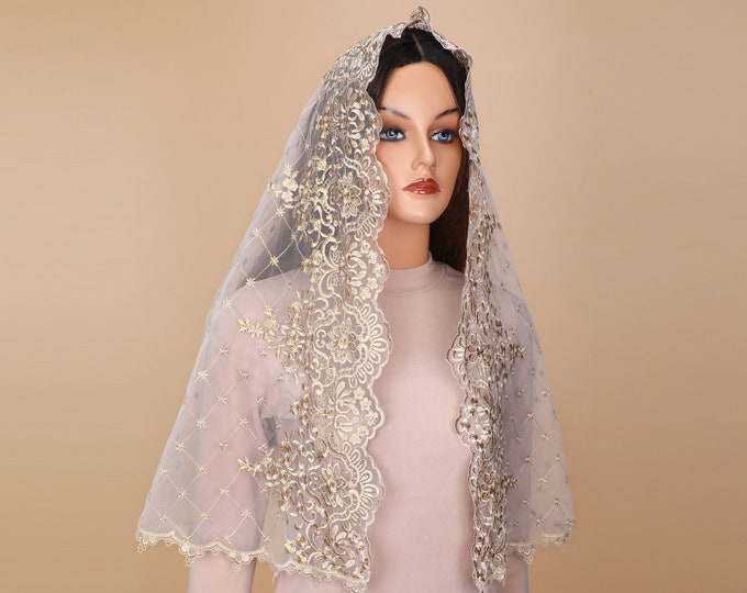 Gold Lace Camellia Catholic Veil, D Shape Lace Mass Church Veil ...