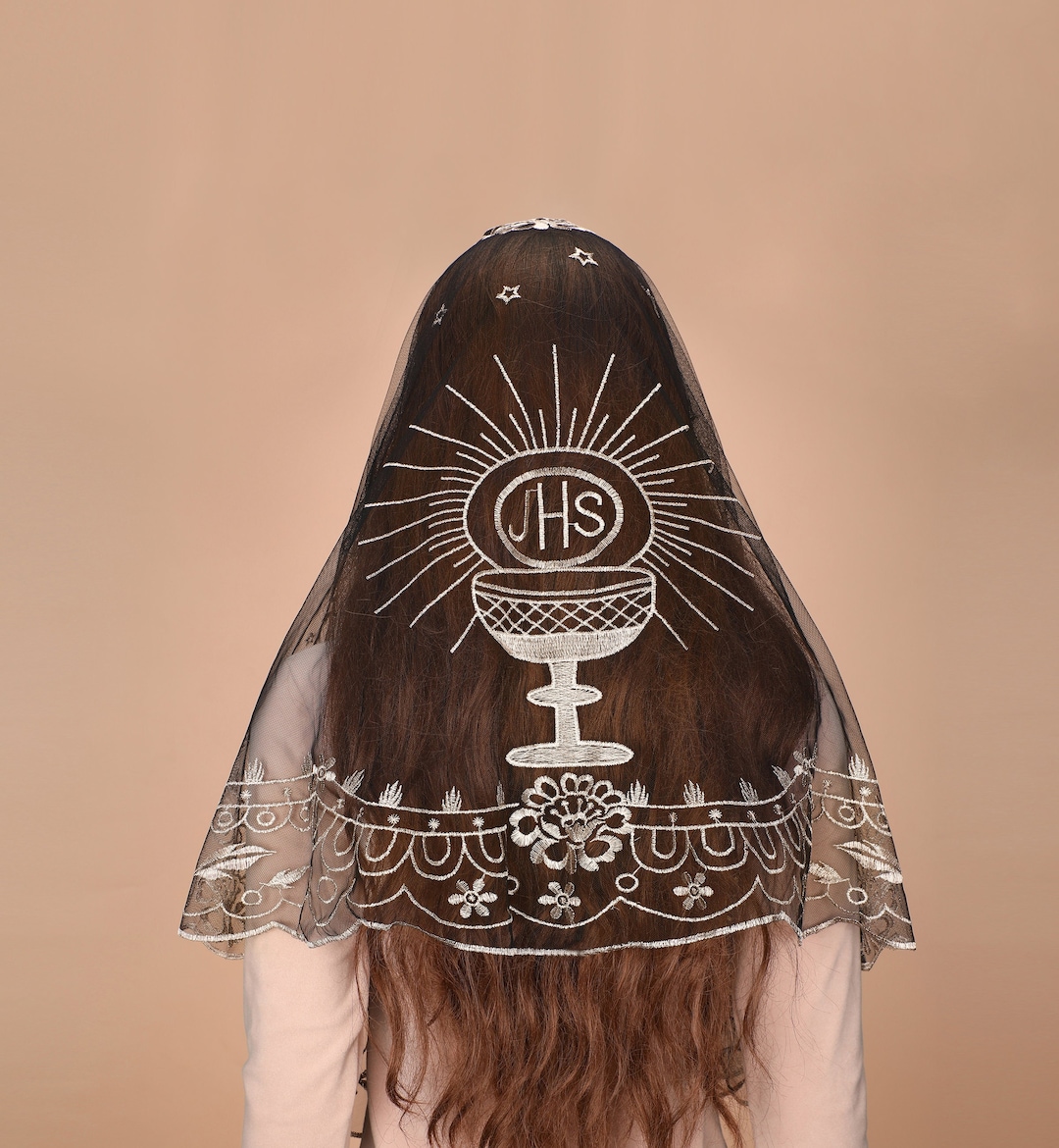 Mantveil Catholic D Shape Veil, Holy Grail and JHS Embroidery Veil ...