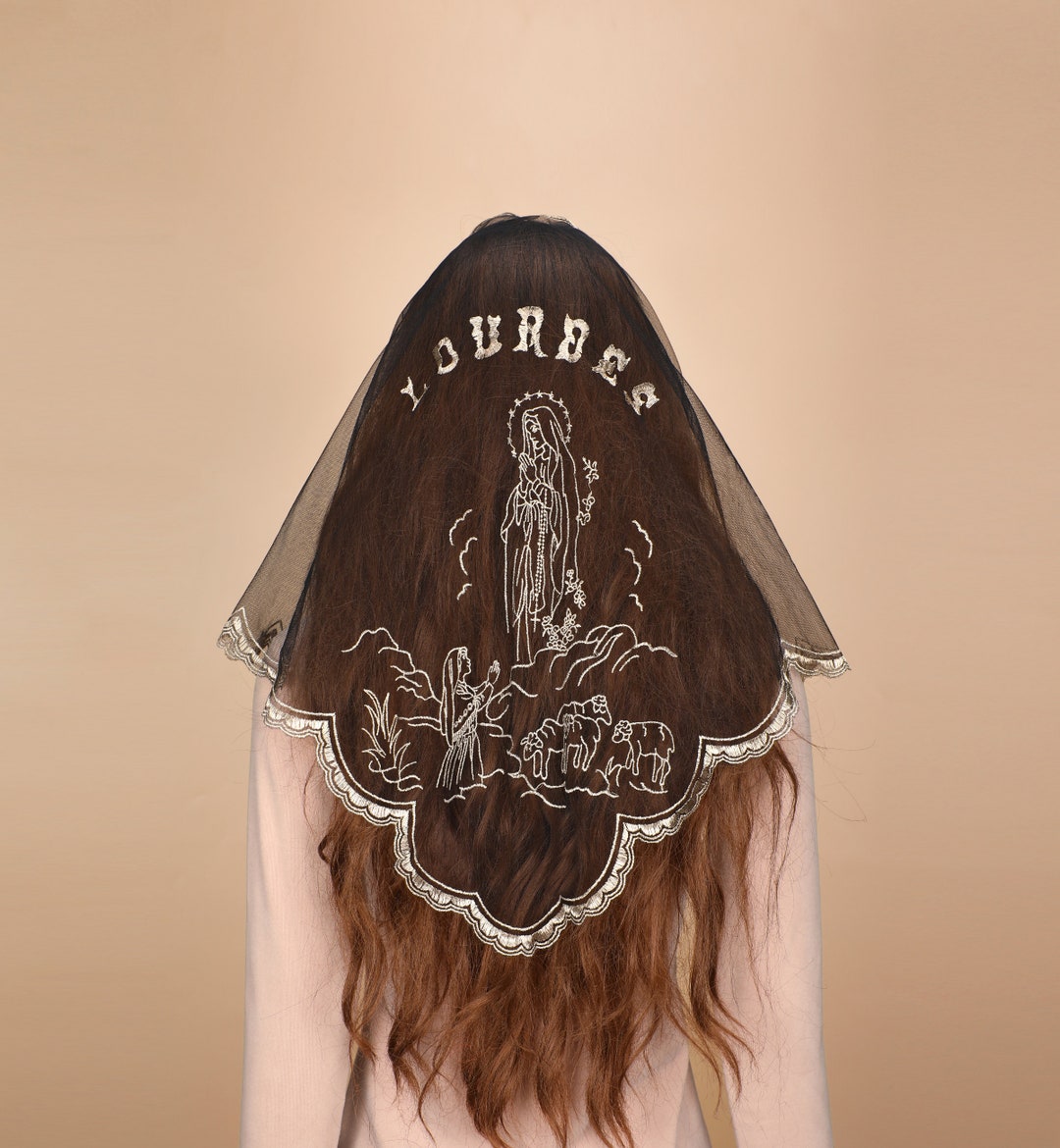 Mantveil Triangle Catholic Mantilla Veil, Our Lady of Fatima Embroidery ...