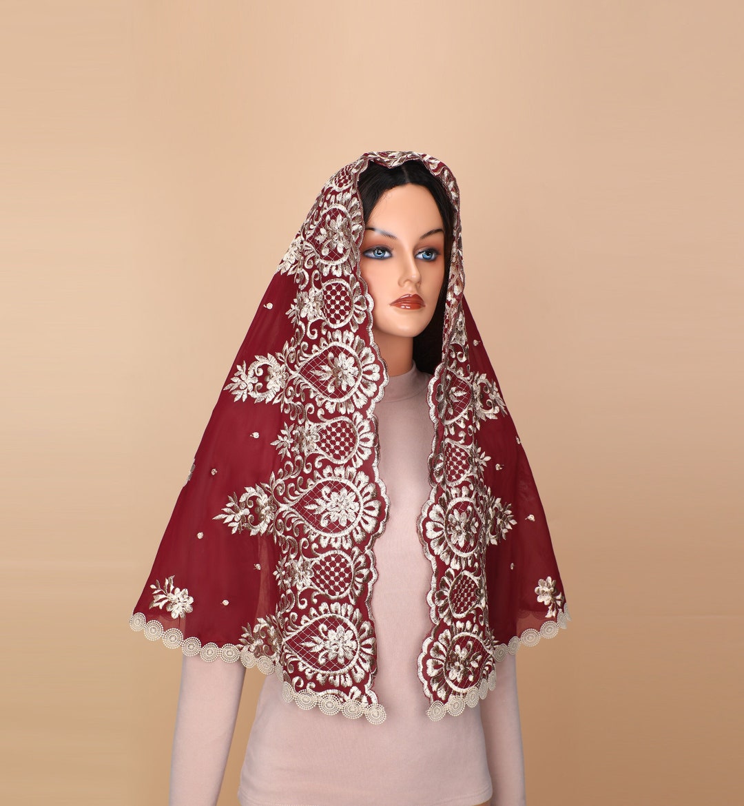 Red Lace Catholic Veil: D-shaped Mantilla Head Covering - Etsy