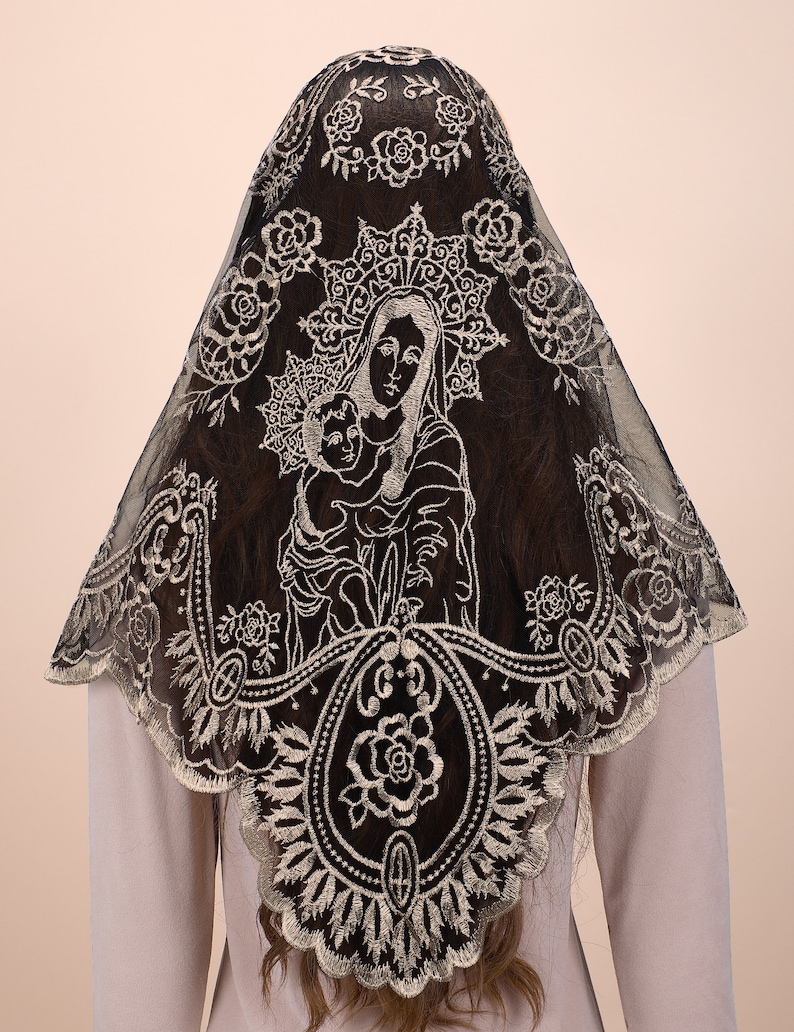Floral Embroidered Catholic Veil: Lace Mantilla Head Covering - Etsy