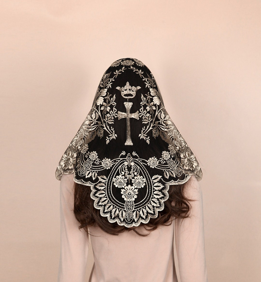New!! Catholic Veil Triangular One Piece Veil Cross Grid Pattern Veil ...