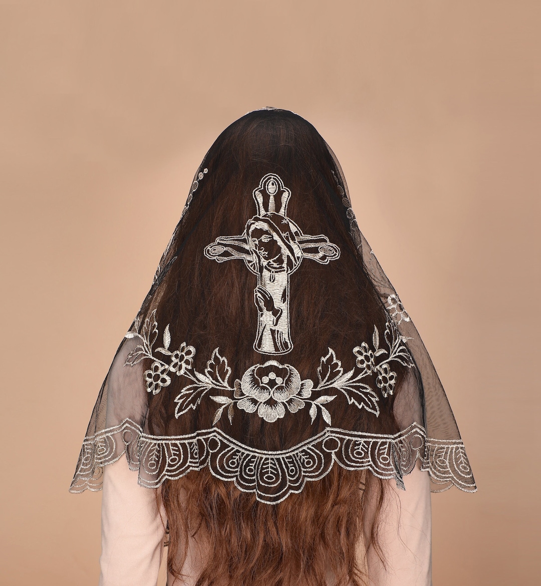 Mantveil Catholic D Shape Veil, Cross and Virgin Prayer Veil, Floral ...