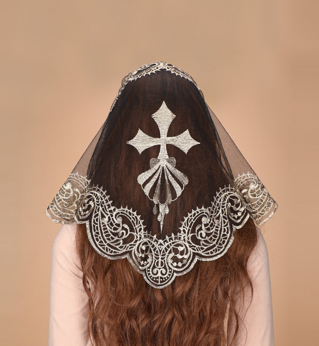 Catholic Triangle Mantilla: Cross, Shell Embroidery, Black Gold Short ...