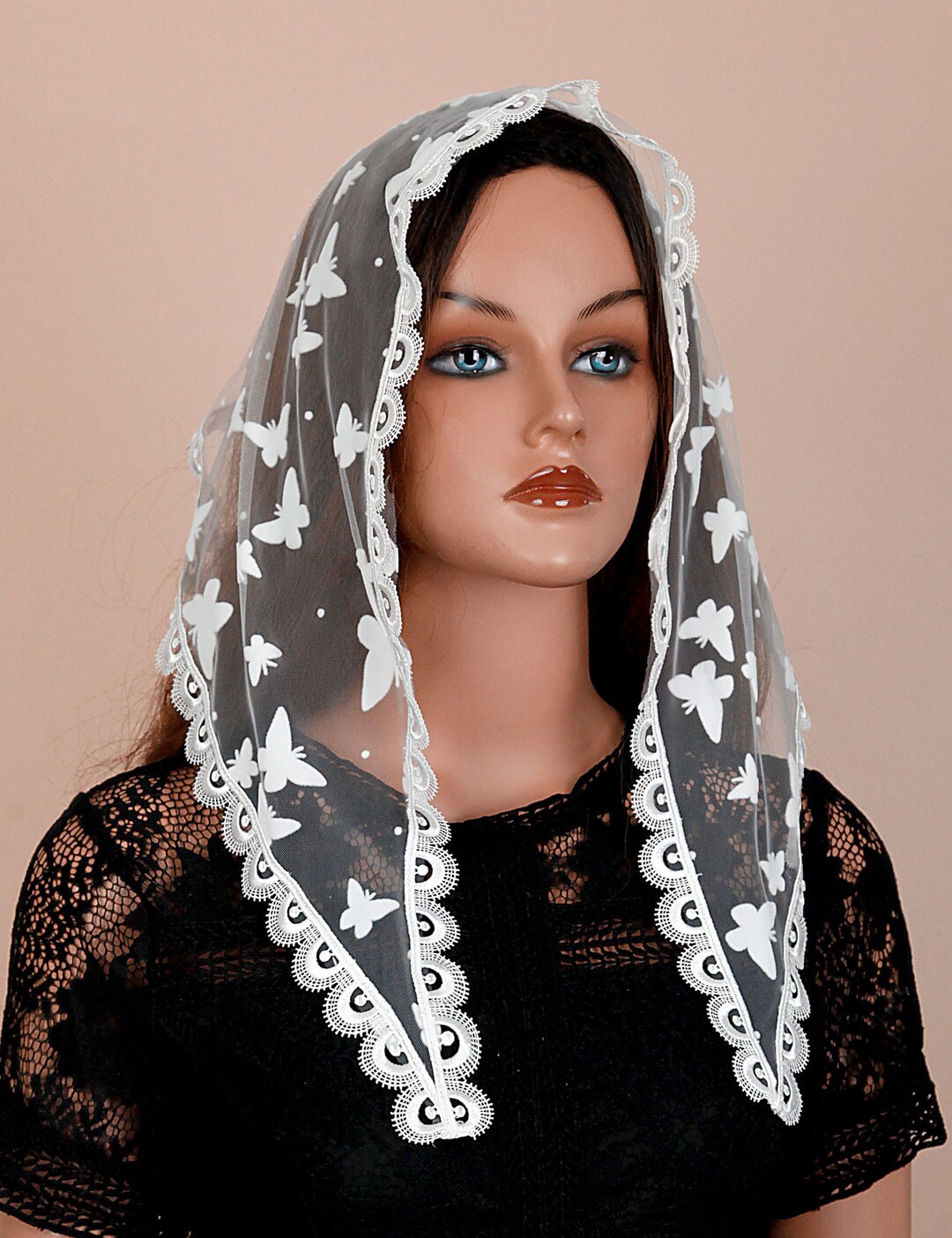 Catholic Veil, Short Triangular Patchwork Butterfly Flocked Veil ...