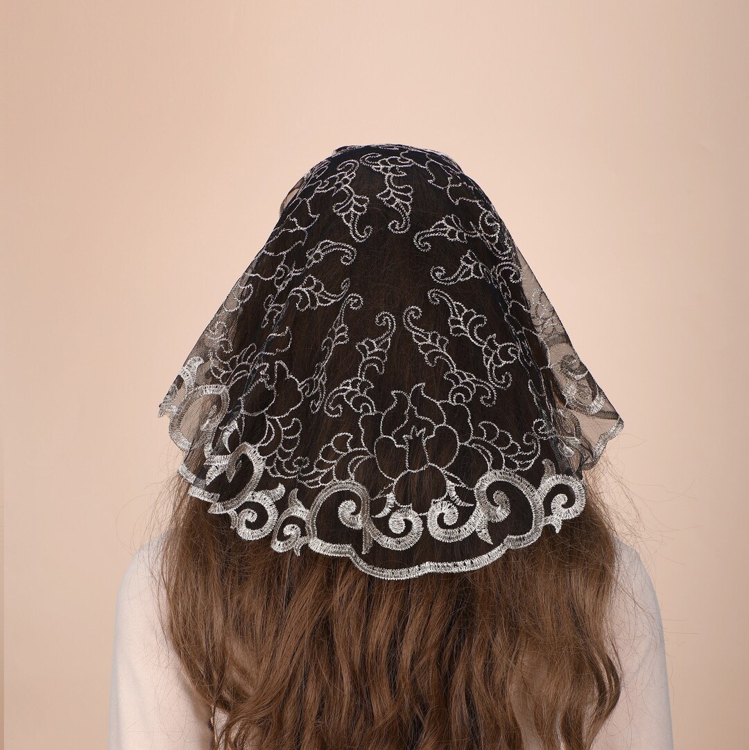 Catholic Chapel Round Mantilla Veil: Traditional Black Gold Peony ...