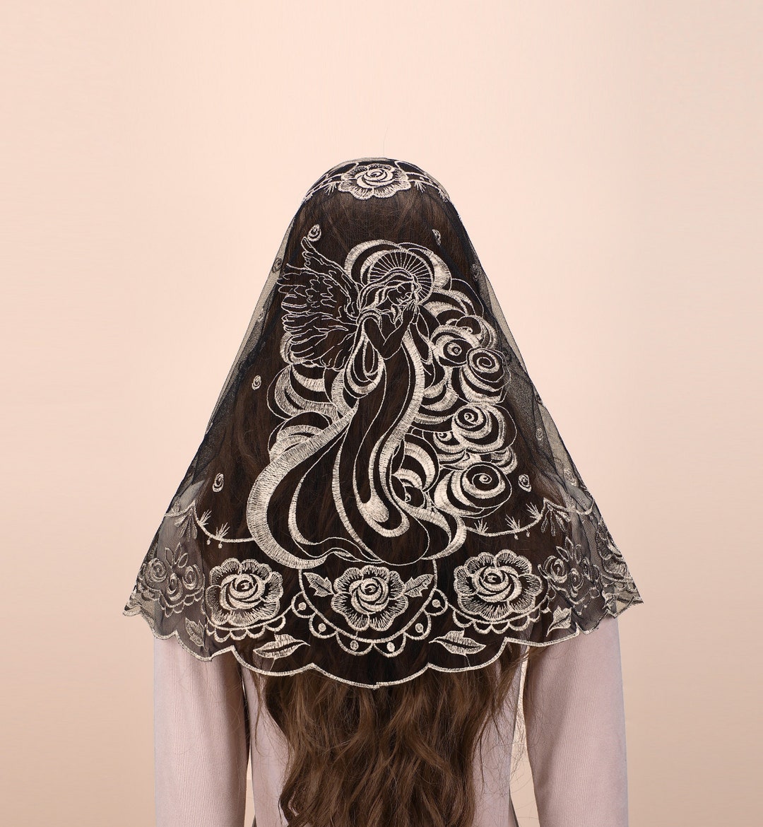 D-shaped Lace Veil With Flowers Angel Veil Church Veil Catholic Mass ...