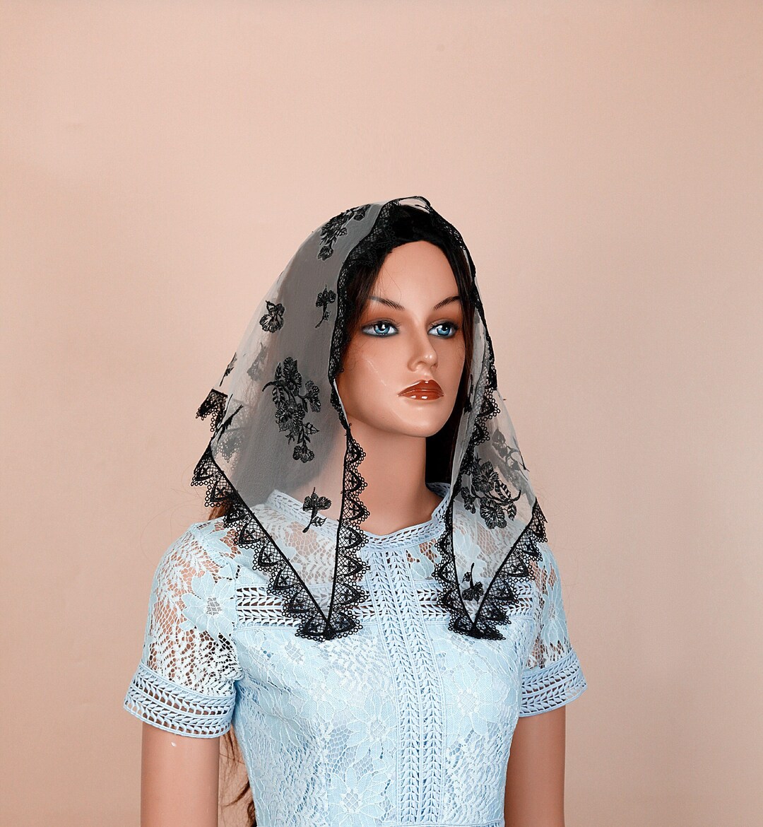 Small Triangle Catholic Church Veil, Black Flower Embroidered Lace ...