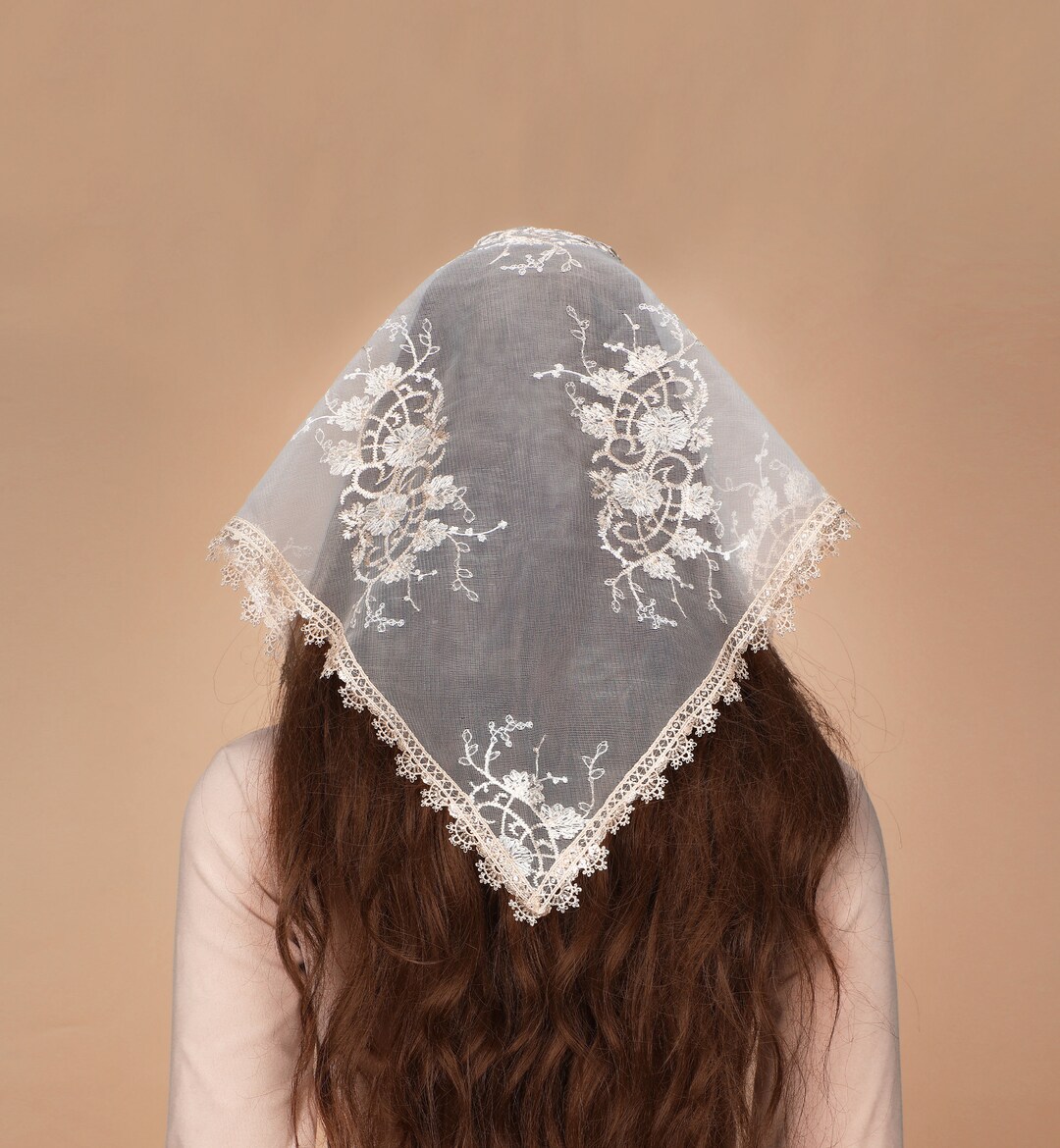 Mantveil Triangle Veil for Church White Lace Veil With Gold - Etsy