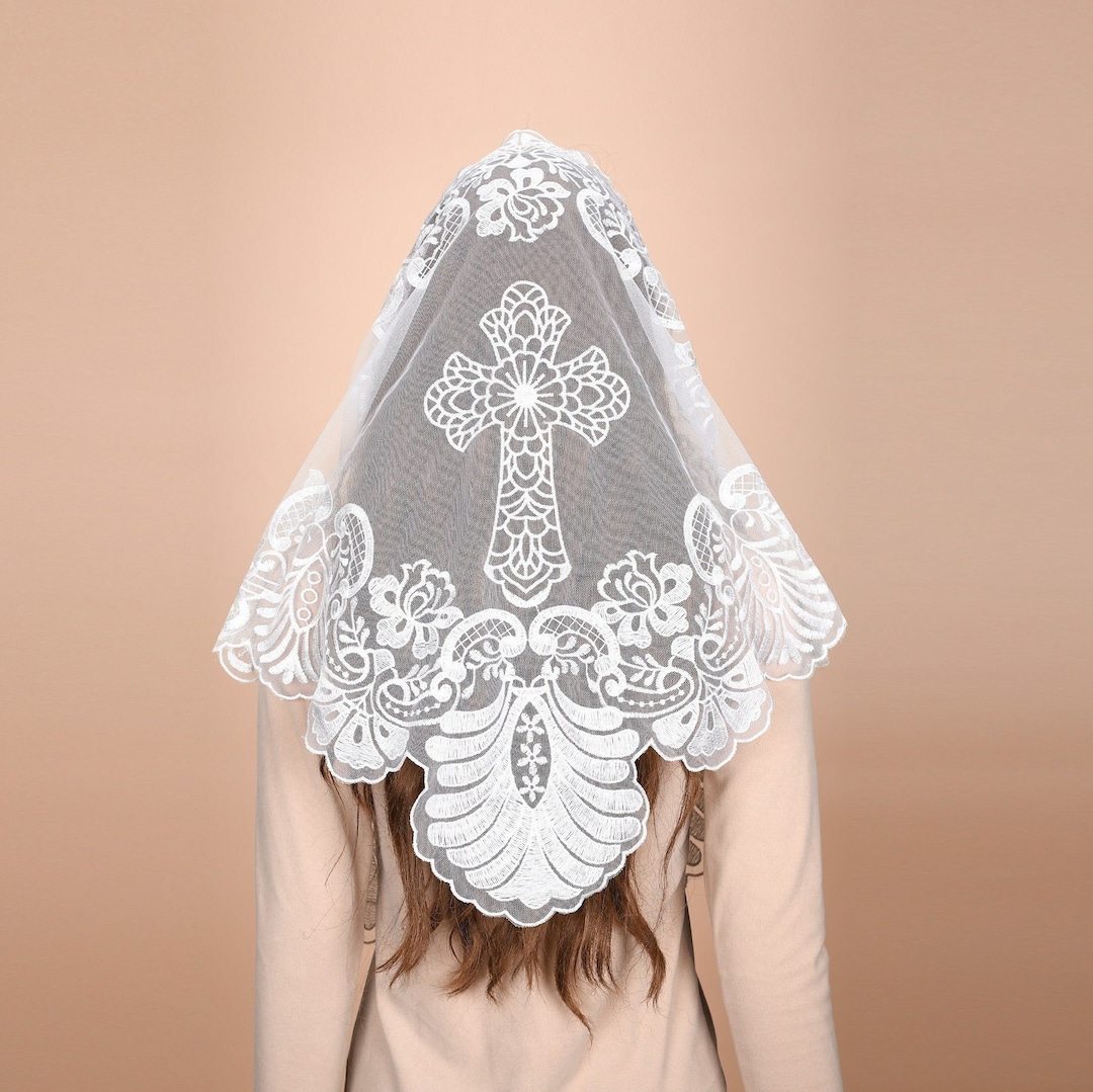 Mantveil Triangle Mantilla Chapel Veil: Traditional Cross Embroidered ...