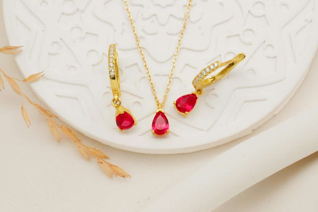 14K Gold Ruby Jewelry Set: Sterling Silver Drop Earrings and Necklace ...