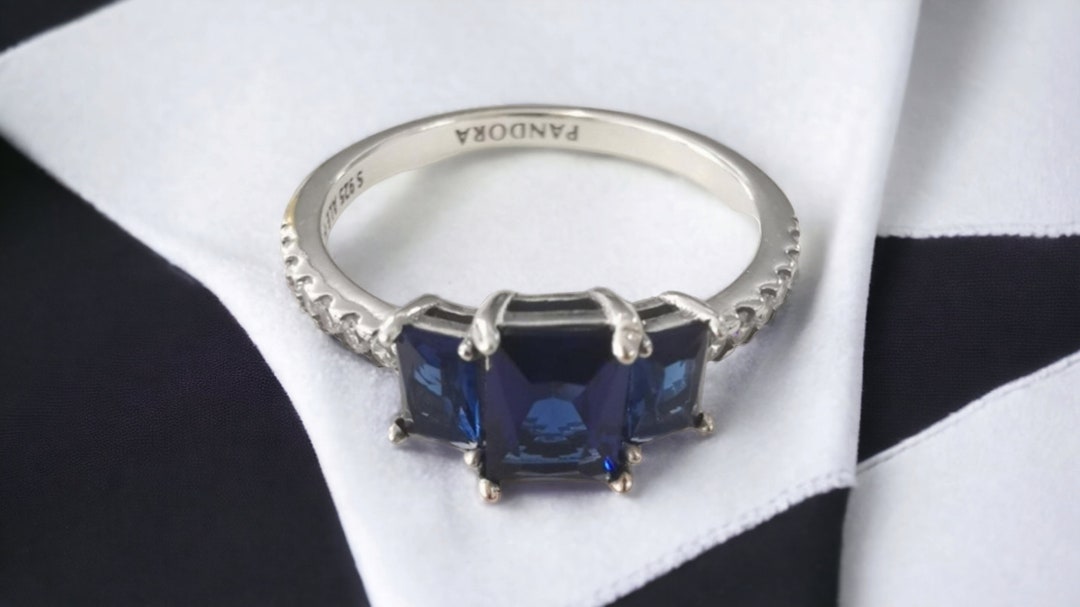 PANDORA Ring Blue Rectangular Three Stone S925 Silver Sparkling - Etsy